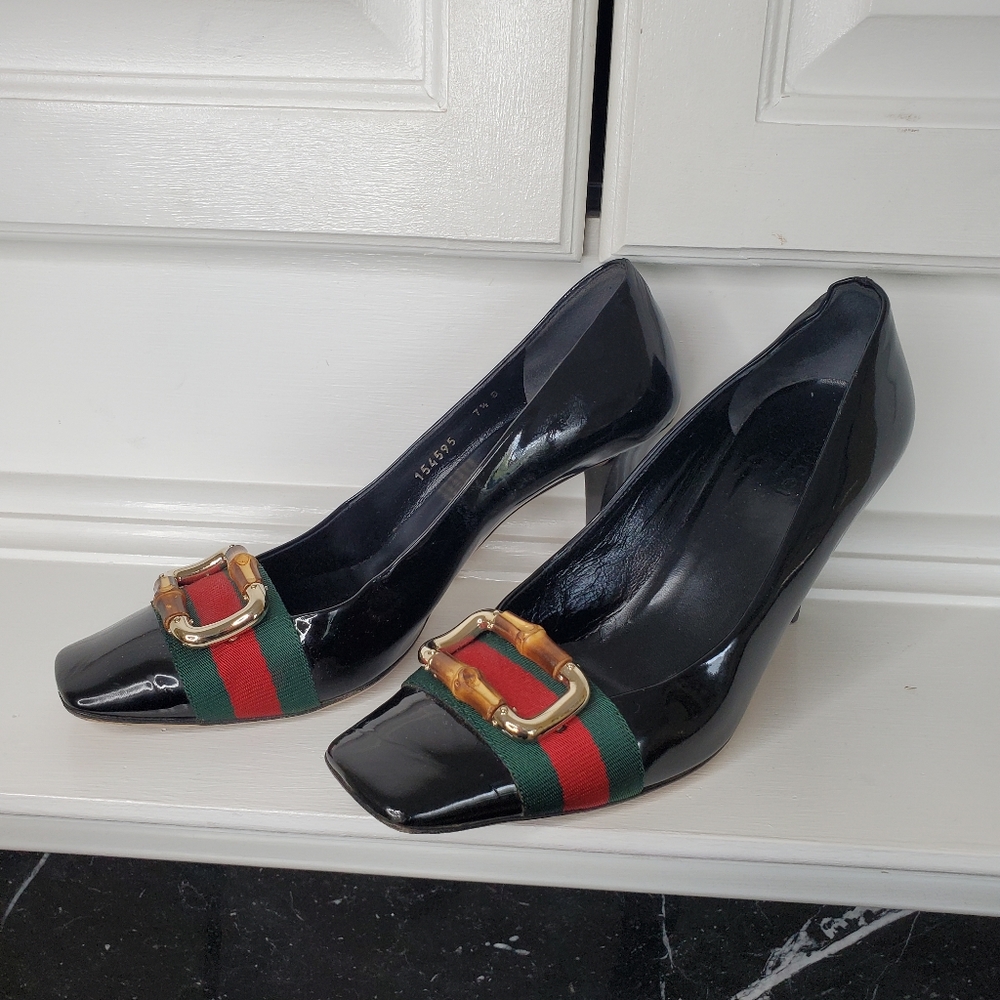 Authentic Gucci Patent Leather Signature Logo Heel - Gem